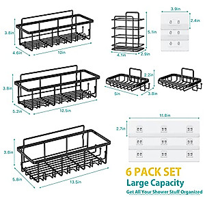 PLOOHT Shower Caddy 6 Pack, Upgraded Stronger Adhesive Shower Organizer, 13in Large Capacity Shower Shelves for Inside Shower, Rustproof Stainless Steel Bathroom Shelves with 10 Hooks, Black