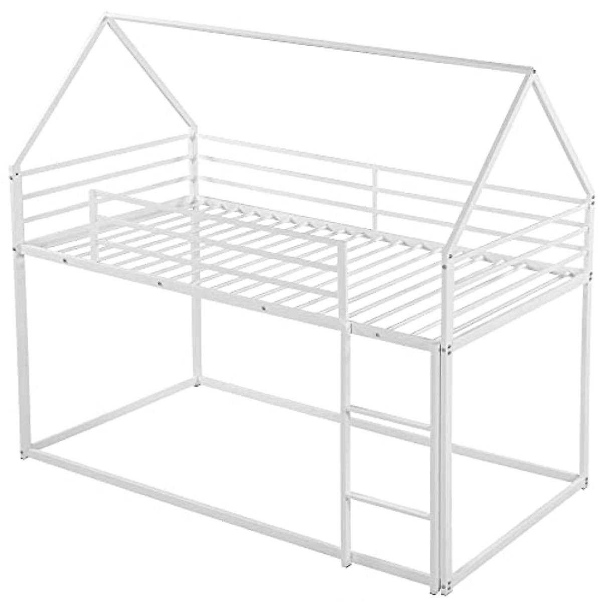 Merax Modern Heavy Metal House Low Bunk Bed Twin Over Twin, Montessori Floor Bunk Bed Frame with Full-Length Guardrail/No Box Spring Needed White