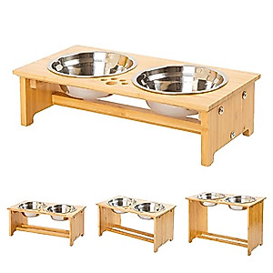 FOREYY Raised Pet Bowls for Cats and Small Dogs, Bamboo Elevated Dog Cat Food and Water Bowls Stand Feeder with 2 Stainless Steel Bowls and Anti Slip Feet (4'' Tall-20 oz Bowl)
