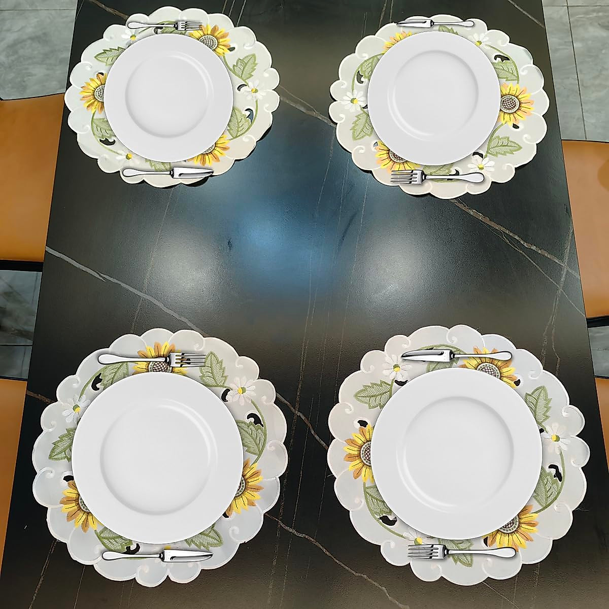 LeLehome Embroidery Sunflowers Cutwork Round Placemats, 4PCS 15" Home Kitchen Dining Autumn Summer Doily Tabletop Decoration
