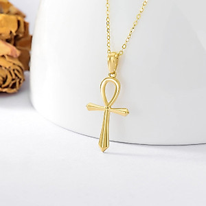 WSX Solid 14k Yellow Gold Egyptian Ankh Cross Pendant Necklace for Women Polished Egypt Jewelry Religious Charm Gift for Her