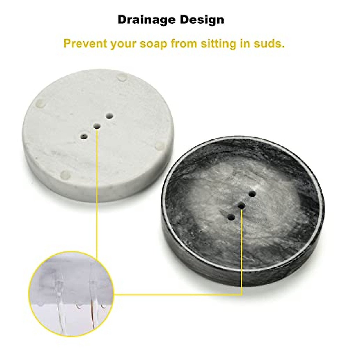 Tahit Round Genuine Marble Soap Dish, Real Stone Facial Sponge Tray with Drain, Natural Stone Soap Dishes Holder for Bathroom Shower Kitchen Sink (Black)