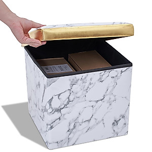 Dawhud Direct Footstool with Storage - Elegant Marble Look Gold, 15x15 inches - Space-Saving Ottomans with Storage and Extra Seating - Ideal for Clothes, Living Room, Bedroom, Dorm