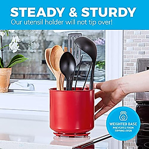 Extra Large Rotating Red Utensil Holder with Sturdy No-Tip Weighted Base, Removable Divider, and Gripped Insert | Rust Proof and Dishwasher Safe Kitchen Utensils Holder by Cooler Kitchen 7*7 Inches