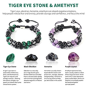 2 Pack Couple Bracelets, Evil Eye Triple Protection Natural Tiger Eye Hematite Black Agate Amethyst Healing Crystal Bracelet Bring Luck Prosperity, 8mm Beads Bracelet for Men and Women