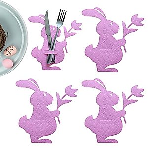 Rabbit Cutlery Bag - 4 Pcs Easter Bunny Felt Tableware Holders - Kitchen Utensil and Flatware Organizers Supplies Easter Cutlery Holders for Party Dinner