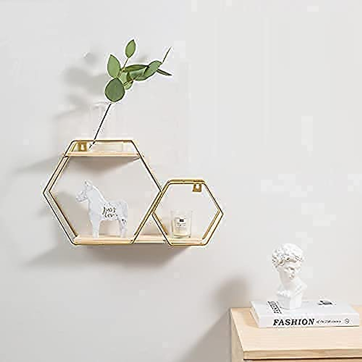 Fasyou Hexagon Floating Shelves Cute Gold Honeycomb Shelves Wall Mounted Shelves with Metal Bracket Rustic Solid Wood Wall Shelves for Living Room,Bedroom,Gold