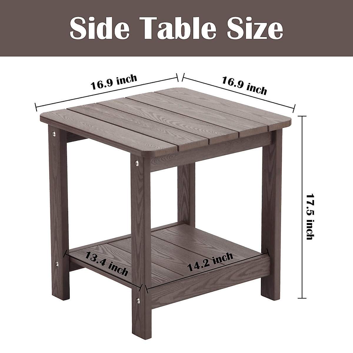hOmeHua Weather Resistant Side Table, 17 inch Square 2-Layer Structure Wide Desktop, Imitation Wood Stripes, Easy to Assemble & Maintain, Suitable for All Indoor & Outdoor Places- Dark Brown