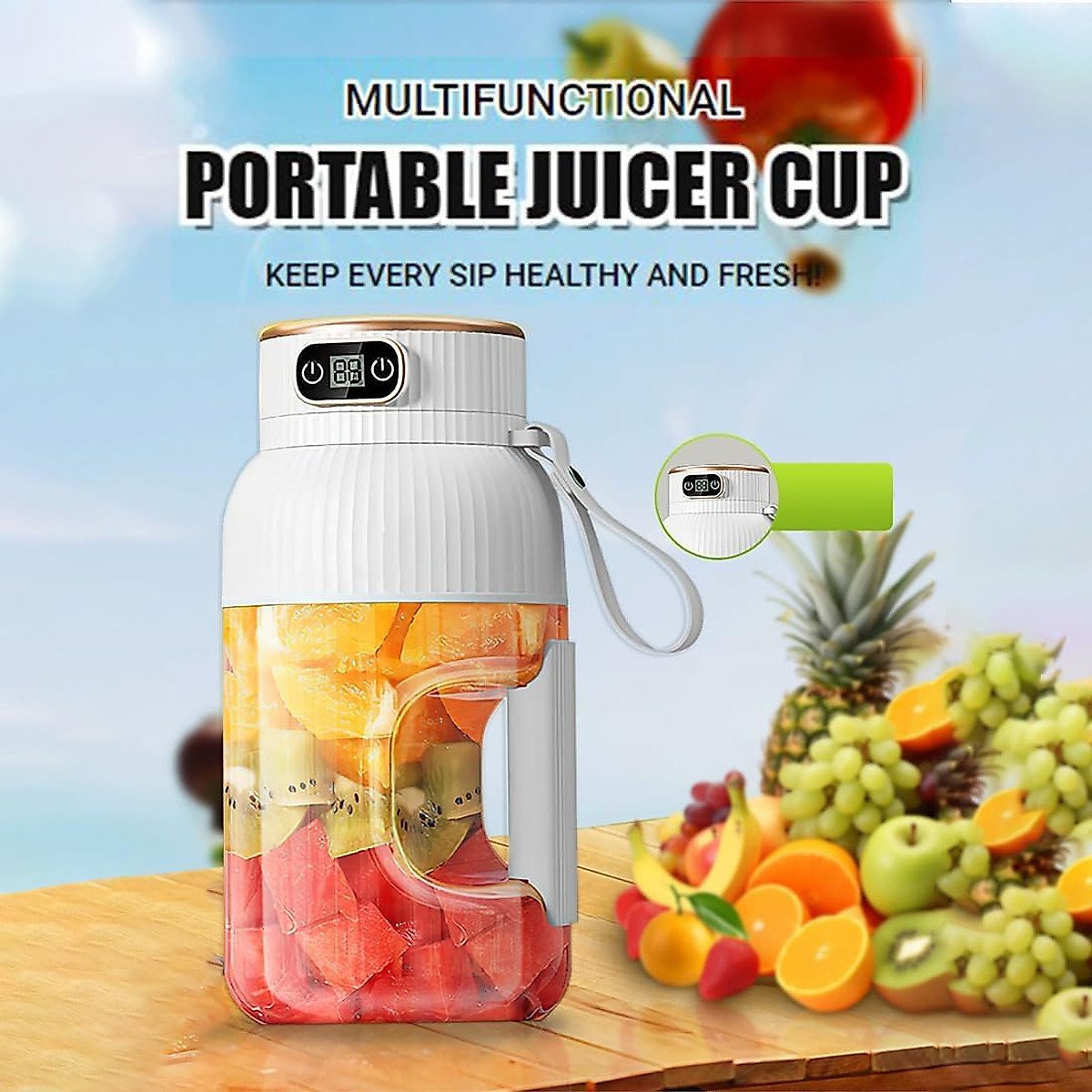 Multifunctional Portable Juicer Cup With Digital Display, 3 in 1 Personal Juice Cup Blender Rechargeable with Direct Drinking Lid, Smoothie Blender on the Go, for Gym/Travel/Kitchen (1200ML,Green)