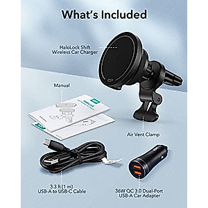 ESR Shift Wireless Car Charger (HaloLock), Compatible with MagSafe Car Charger, Detachable Fast Charging Pad, for Caseless iPhone 14/13/12 Series and Magnetic Cases, with 36W Car Adapter, Black