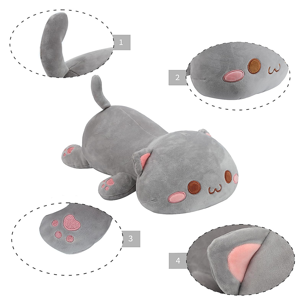 AFAN Cat Stuffed Animals Plush 13.7" Soft Cute Cat Plush Pillow Toys Kawaii Kitten Plushies Doll Gifts for Kids Girls Boys (Round Eyes, Grey)
