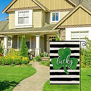 AnyDesign St. Patrick's Day Garden Flag Double-Sided Lucky Shamrock Yard Flag Rustic White Black Stripe Farmhouse Shamrock Outdoor Decoration for Irish Holiday, 12.5 x 18 Inch