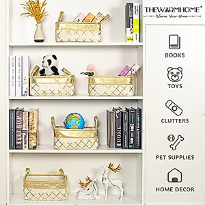 TheWarmHome Storage Basket [6-Pack], Fabric Storage Bins w/Handles, Bronzing Plush-Feel Gift Baskets, Storage Baskets for Organizing Shelves Closet(Gold&White Velvet, Small-6 Pack)