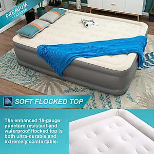 ALPHA CAMP 19” Queen Size Air Mattress with Built-in Pump, Double Height Inflatable Airbed Blow Up Mattress with Soft Plush Top, Airbed for Home Guests Portable Camping Travel