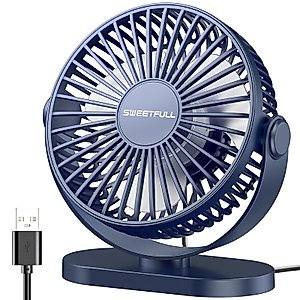 SWEETFULL USB Desk Fan Small Quiet - 3 Speeds Mini Personal Portable Fan 360° Rotation Adjustable, 5 Inch Office Table Cooling Gadgets on Desktop (Blue)