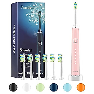 7AM2M Sonic Electric Toothbrush with 6 Brush Heads for Adults and Kids, One Charge for 90 Days, Wireless Fast Charge, 5 Modes with 2 Minutes Built in Smart Timer, Electric Toothbrushes(Pink)