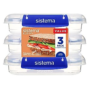 Sistema KLIP IT PLUS Food Storage Containers | 520 ml | 3 Piece Airtight Sandwich Containers Set | Leak-Proof Seal | Easy Locking Clips | BPA-Free