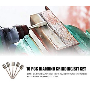 10 PCS Diamond Grinding Bits, 10mm Cylinder Head,1/8” Shank, Diamond Coated Mounted Points Grinder Bits