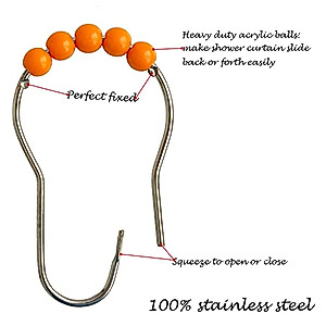 Shower Curtain Rings Hooks Decorative Acrylic Roller Balls Stainless Steel Heavy Duty for Bathroom Curtain (12pcs-Orange)