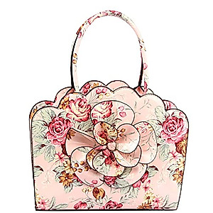 3D Flower Applique Floral Leopard Print Patent Vegan Leather Satchel Handbag Wallet Set (Flower/Leopard Print - Brown)