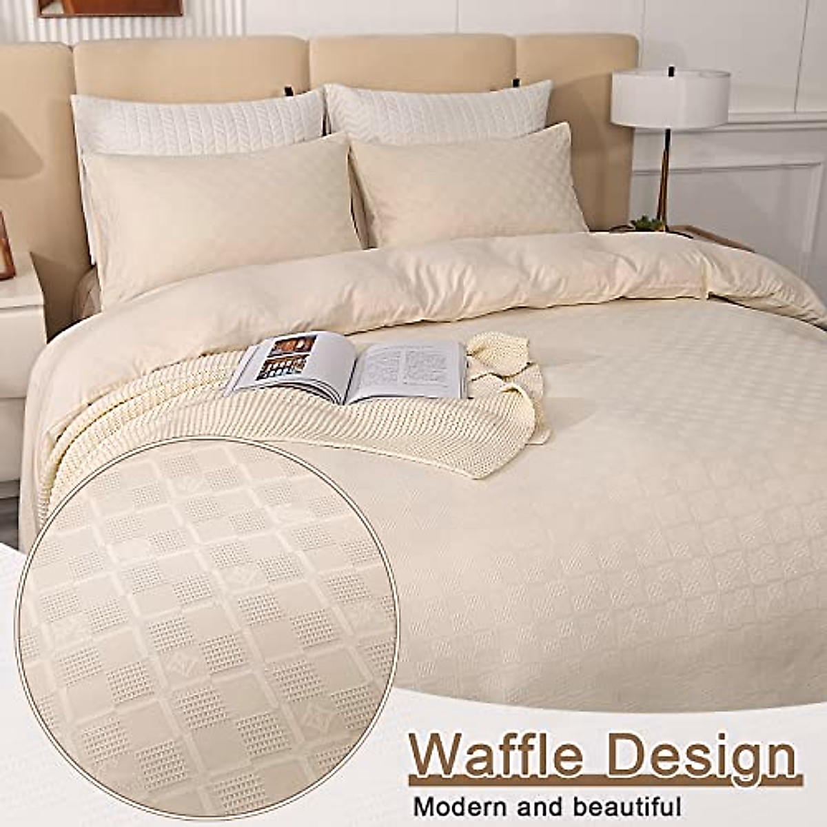 ENCOFT Waffle Duvet Cover Queen Size, Soft Microfiber Beige Cream Waffle Weave Textured Duvet Cover Set, Comforter Cover Bedding Set All Season, 90"x90"