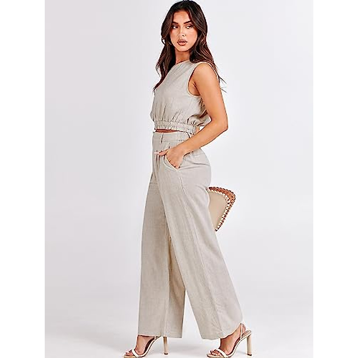 ANRABESS 2 Piece Outfits for Women Summer Vacation Beach Sleeveless Linen Crop Tank Top Casual Matching Lounge Sets Comfy Tracksuits Long Pants Jumpsuits 2023 Fashion Clothes A1102maxing-L