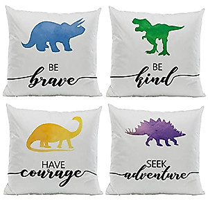Inspirational Dinosaurs Be Brave Be Kind Have Courage Seek Adventure 18''x18''Set of 4 Throw Pillow Case Decorative Home Bedroom Kid’s Room Cushion Cover,Sofa Bed Couch Decor,Boys Kids Teenage Gift