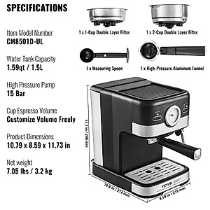 VEVOR Espresso Machine, 15 Bar Semi-Automatic Espresso Maker with Milk Frother Steam Wand for Latte and Cappuccino, Professional Coffee Maker with Temp Gauge & Removable Water Tank, NTC Control System
