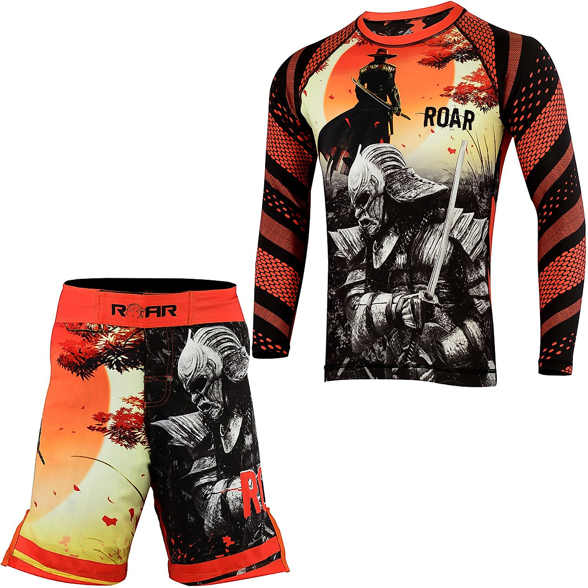 Roar No Gi Wear MMA Rash Guards & MMA Shorts Set BJJ Grappling Jitsu Training (Warrior, Small)