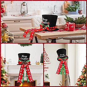 Christmas Tree Topper Decorations Gifts, Collapsible Black Velvet Hat with Plaid Red Green Bow Snowflake Elk Ribbon Merry Xmas Sign Handmade Ornaments Supplies Large Holiday Indoor Home Decor