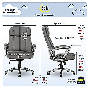 Serta Big & Tall Executive Office Chair High Back All Day Comfort Ergonomic Lumbar Support, Bonded Leather, Opportunity Gray