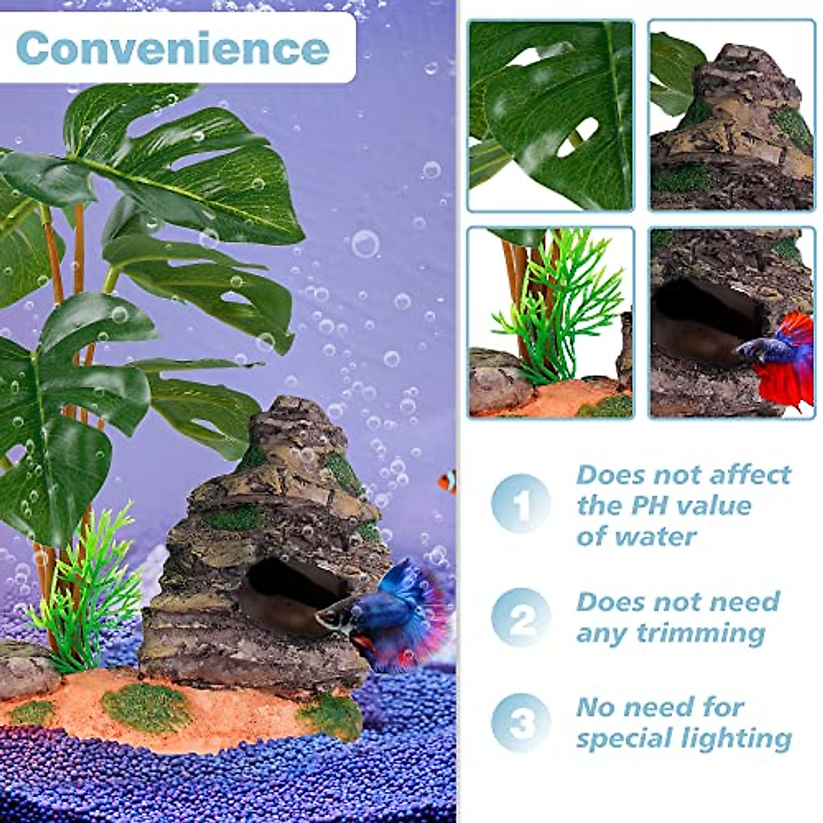 Ameliade Aquarium Cave Decorations and Leaf Pad Hammocks for Betta Fish Ideal Fish Tank Plants Hideout Decor for Cichlid Perfect Betta Toys and Small Fish Bowl Accessories Monstera