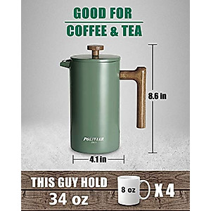 POLIVIAR French Press Coffee Maker, 34 oz Coffee Press with Real Wood Handle, Double Wall Insulation & Dual-Filter Screen, Food Grade Stainless Steel for Good Coffe and Tea (Flatland)