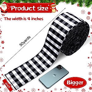 4 Inch x 50 Yards Christmas Plaid Buffalo Ribbon, Check Wired Edge Ribbon Plaid Ribbon Gingham Check Wired Ribbon Buffalo Plaid Ribbon for Christmas Tree Wreath Bows Decor (Black White Plaid)