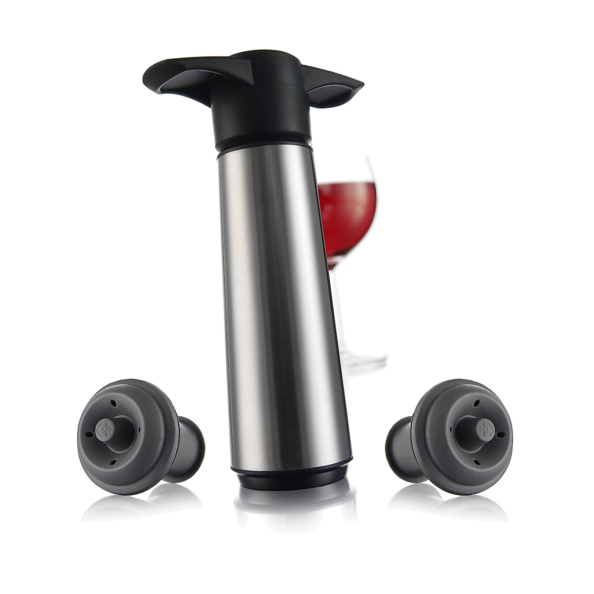 Vacu Vin Wine Saver Pump Stainless Steel with Vacuum Wine Stopper - Keep Your Wine Fresh for up to 10 Days - 1 Pump 2 Stoppers - Reusable - Made in the Netherlands