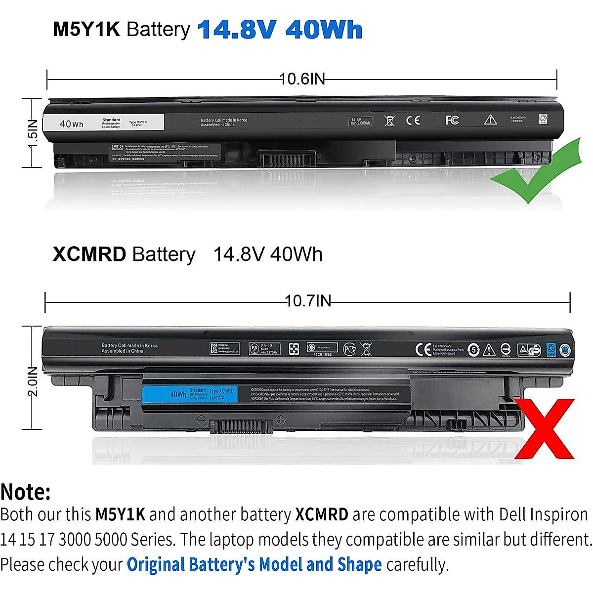 M5Y1K Laptop Battery Compatible with Dell Inspiron 40Wh 14.8V,14 15 17 3000 5000 Series,5558 5559 3551 453-BBBR 3452 3451 3458N 3567 5755 5758 5759,Vostro 3458 3558,6YFVW VN3N0 GXVJ3 W6D4J HD4J0 4WY7C