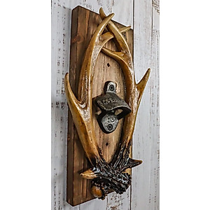 Ebros Rustic Western Faux Entwined Hunter's Stag Deer Antlers Trophy Mounted On Wood Plank Vintage Style Soda Beer Bottle Cap Cast Metal Opener 10.75" High Buck Deers Cabin Lodge Country Wall Plaque