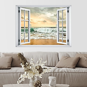 SIGNWIN Removable Wall Sticker/Wall Mural Window View Beach Wave Sunset Seascape Nature Wilderness Photography Realism Decorative Landscape Digital Art for Living Room, Bedroom, Office - 36"x48"