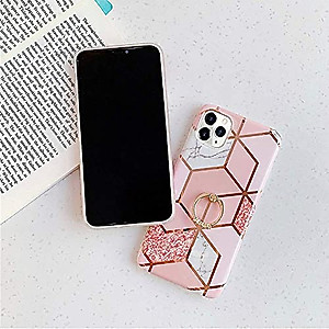 Qokey Compatible with iPhone 11 Pro Max Case,Marble Cute Fashion for Men Women Girls with 360 Degree Rotating Ring Kickstand Soft TPU Shockproof Cover Designed for iPhone 11 Pro Max 6.5" Grid Bling