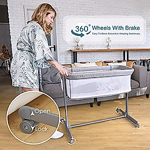 TCBunny 2-in-1 Baby Bassinet & Bedside Sleeper, Adjustable Portable Crib Bed for Infant/Newborn Baby, Grey (Mosquito Net Not Included)