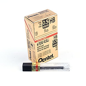 Pentel Super Hi-Polymer Lead Refills, 0.5mm, 12 Leads per Tube, Black (C505-HB)