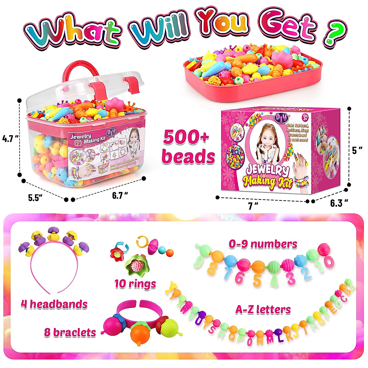 FUNZBO 520+ Snap Pop Beads - Beads for Bracelets Jewelry Making Kit, Arts and Crafts Supplies for Kids, Toys for Girls Age 3 4 5 6 7 8 Years Old Birthday Easter Holiday Valentine Gift