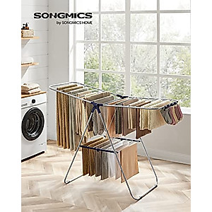 SONGMICS Clothes Drying Rack, with Bonus Sock Clips, Stainless Steel Gullwing Space-Saving Laundry Rack, Foldable for Easy Storage, Silver