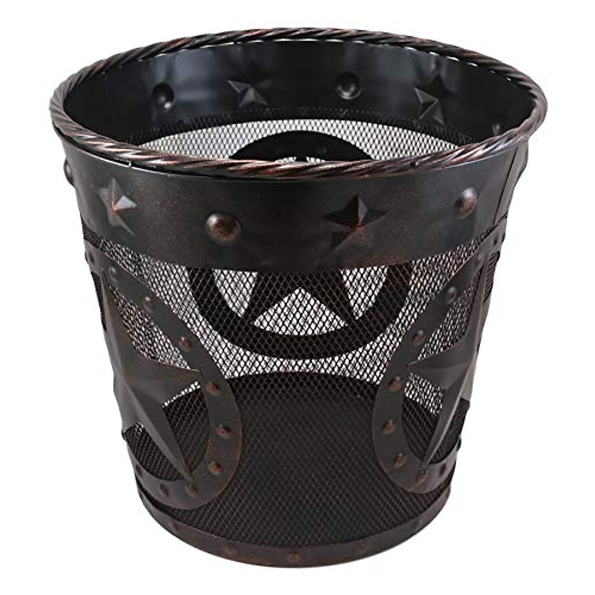 Ebros Rustic Western Texas Lone Stars in Circles of Nailheads with Braided Metal Rope Trim Wire Waste Basket Bin 12.75" Wide Home and Bathroom Accent Country Farmhouse Cowboy Decorative Trash Can