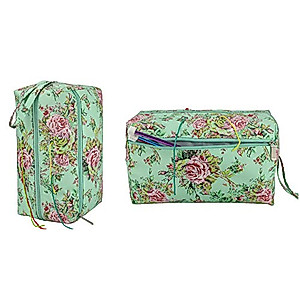 Katech Empty Yarn Bags Set 3 Pieces Green Knitting Bags Flower Pattern Large Capacity Yarn Round Storage Bag Organizer Travel Wrist Tote Bag for Holding Yarn Balls, Crochets Hooks and Knitting Kit