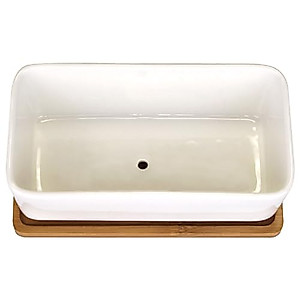 Ceramic Succulent Pots - 1 Pot - Short Rectangle - with Bamboo Tray - White - 6.3"