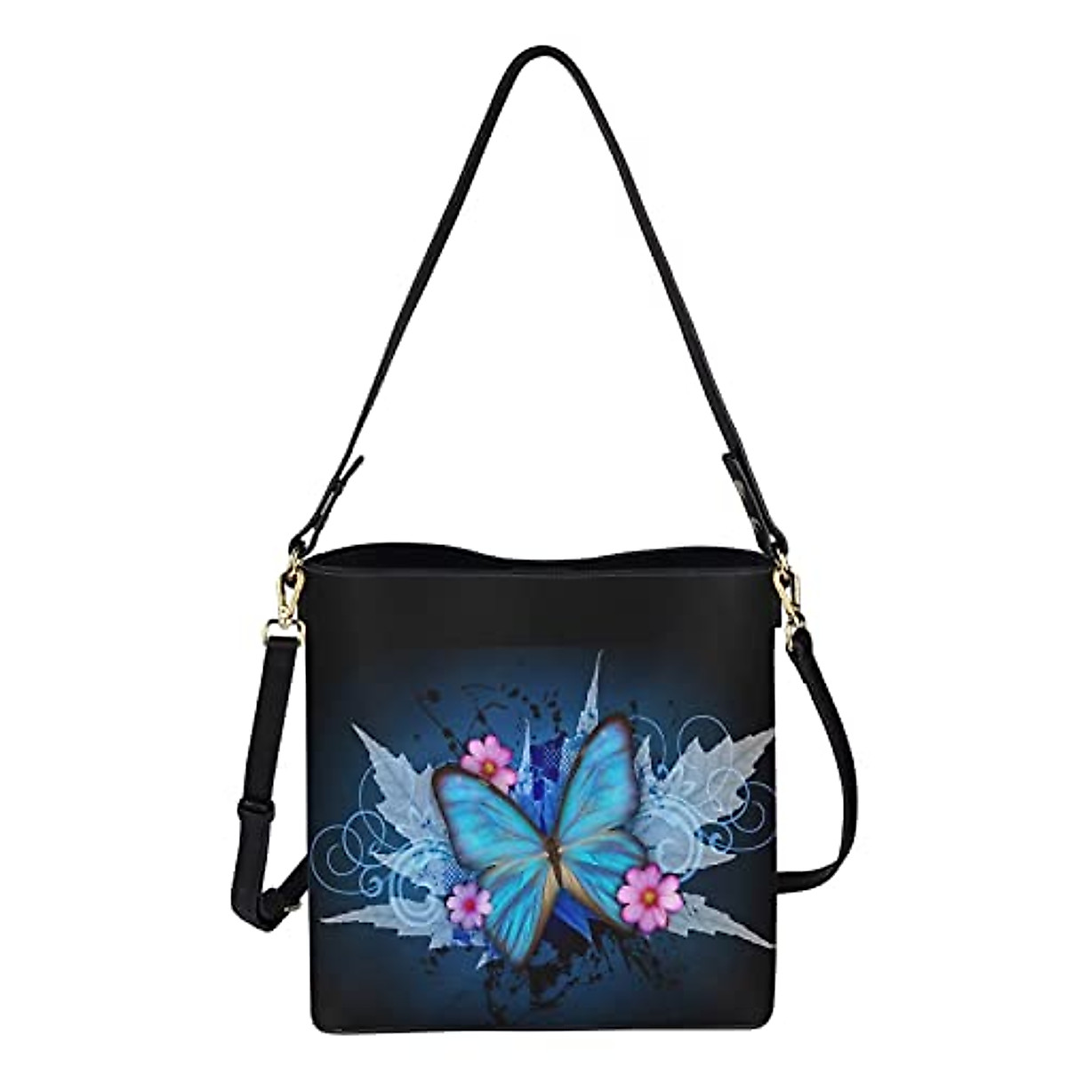 WELLFLYHOM Blue Butterfly Handbag for Women Crossbody Bucket Bags Trendy Tote Purses PU Leather Hobo Bag Work Satchel Shoulder Bag Travel wallet Organizer Gifts for Girls Messenger Pouches