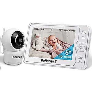 DoHonest Baby Monitor with Camera and Audio - HD 1080P 5" Color Screen Wireless Infant Video Camera Remote Pan No WiFi Night Vision 2-Way Talk Temperature 1000ft Range Ideal for Gifts