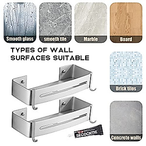 Shower Caddy Basket Shelf with Hooks, 2 Packs Caddy Organizer Wall Mounted Rustproof Basket with Adhesive, No Drilling, Thickened Aluminum, Storage Rack for Bathroom Shower Kitchen (Sliver)