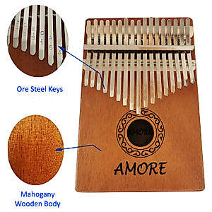 AMORE Kalimba 17 Keys Thumb Piano Small Musical Instrument Christmas Gift for Kids 70 Song Book Tabs Portable Mbira Finger Piano and Adults Beginners All in One Kit